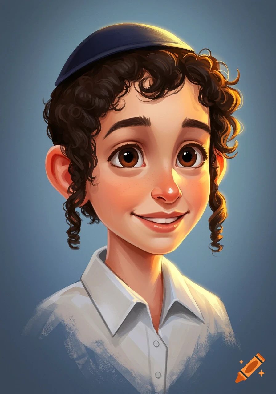 Stylized portrait illustration of a smiling Jewish boy wearing a kippah ...