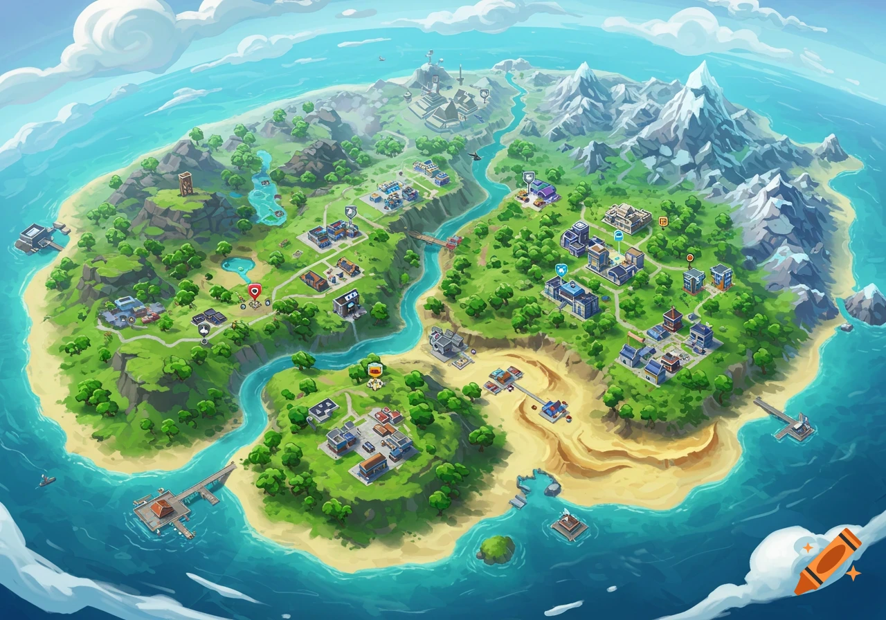 Overhead cartoon illustration of a colorful island landscape resembling ...