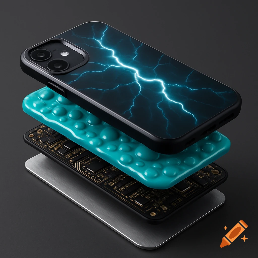 Layered illustration of a phone case with a lightning design, showing a ...