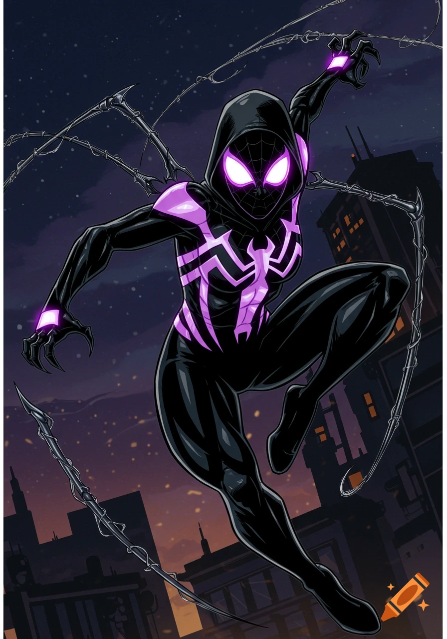 Female superhero in black and purple suit leaping through the night sky, comic art style. on Craiyon