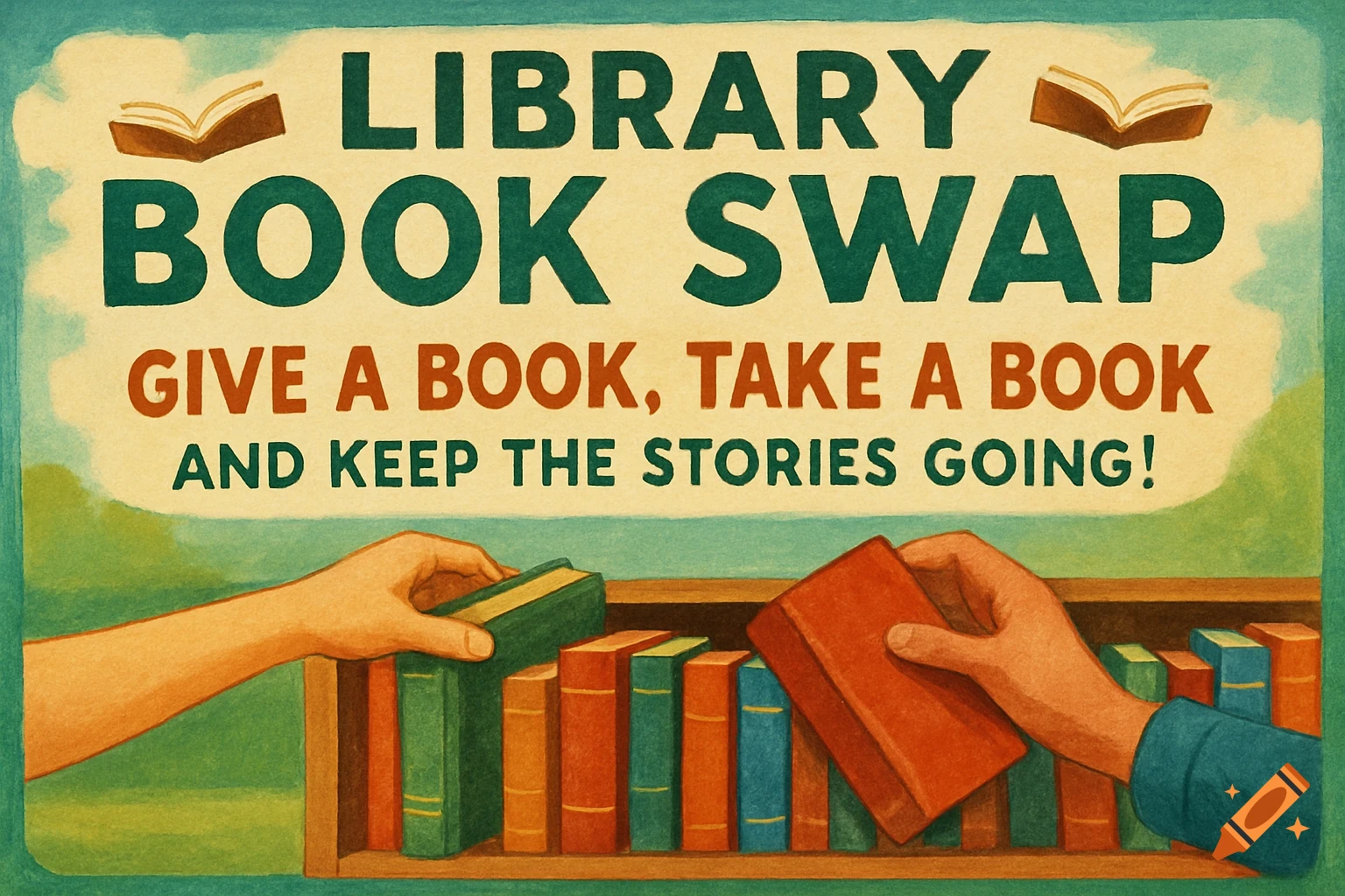 Vintage poster promoting a library book swap, showing hands exchanging ...