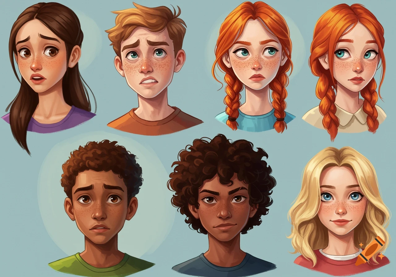 Stylized cartoon portraits of teenage characters with various ...