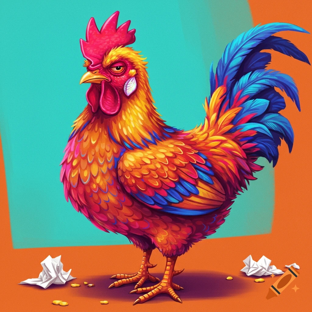 A vibrant, stylized illustration of a grumpy-looking rooster. on Craiyon