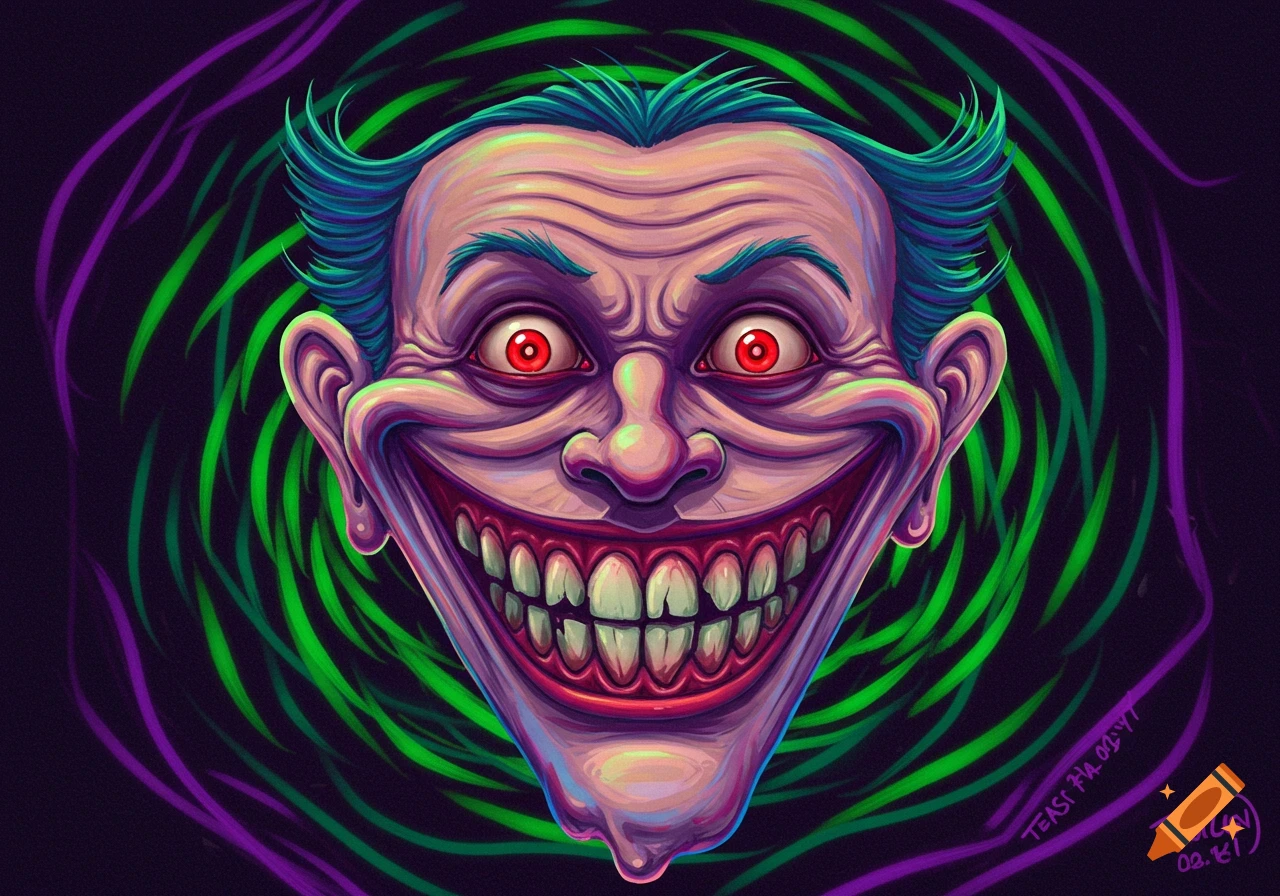 Stylized illustration of a distorted grinning face with red eyes and ...