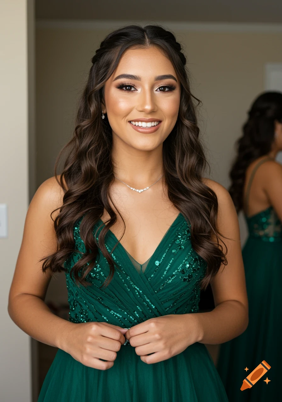 Portrait of a smiling young woman in a green sequined formal dress. on ...