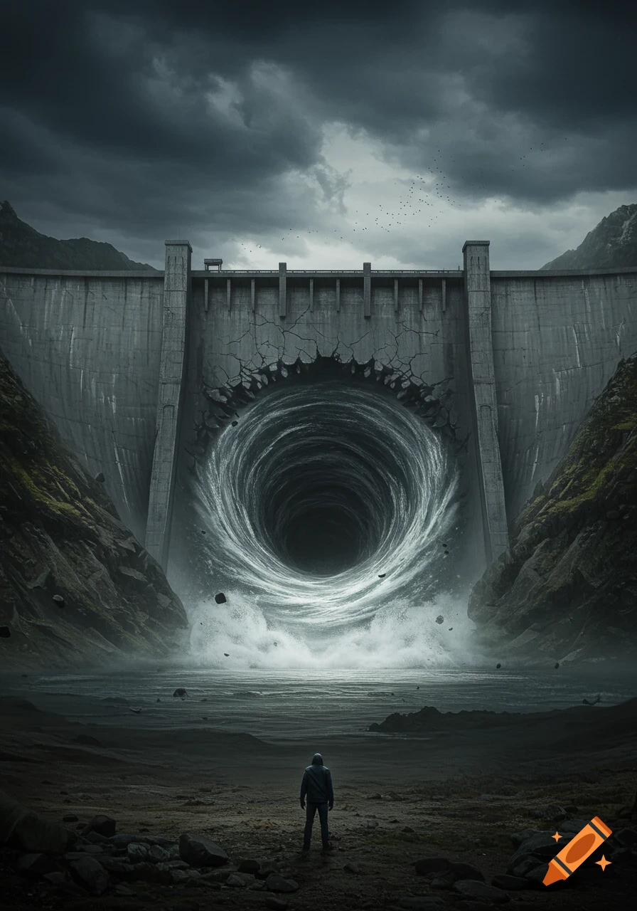 Person watches a giant vortex pull water from a dam under a dark ...