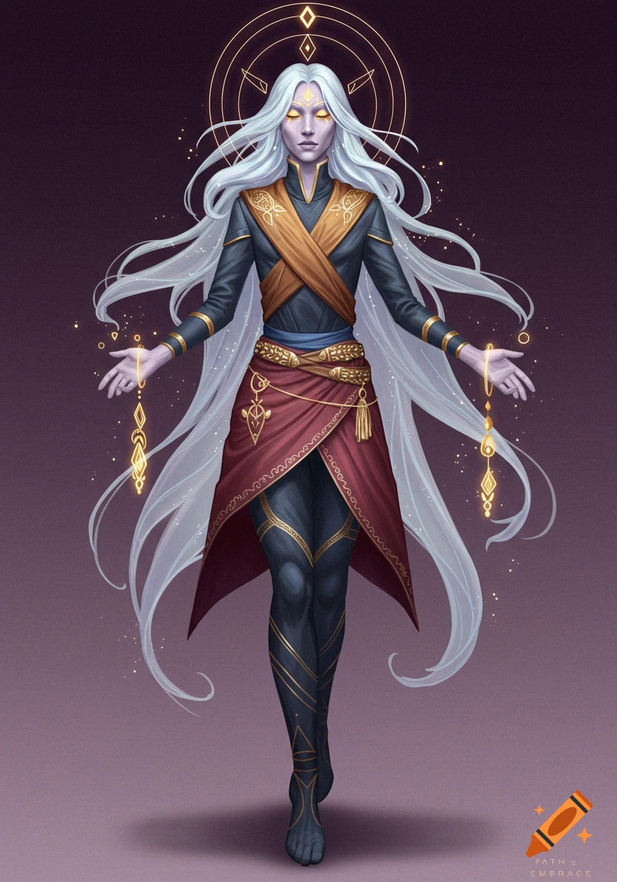 Full body concept art of an ethereal fantasy character with long white ...