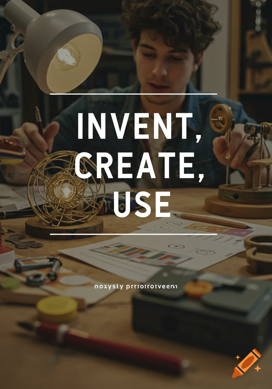 A man works at a desk with small models and tools, with the text ...