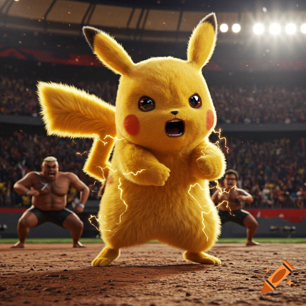 Realistic Pikachu performs a haka dance in a stadium. on Craiyon