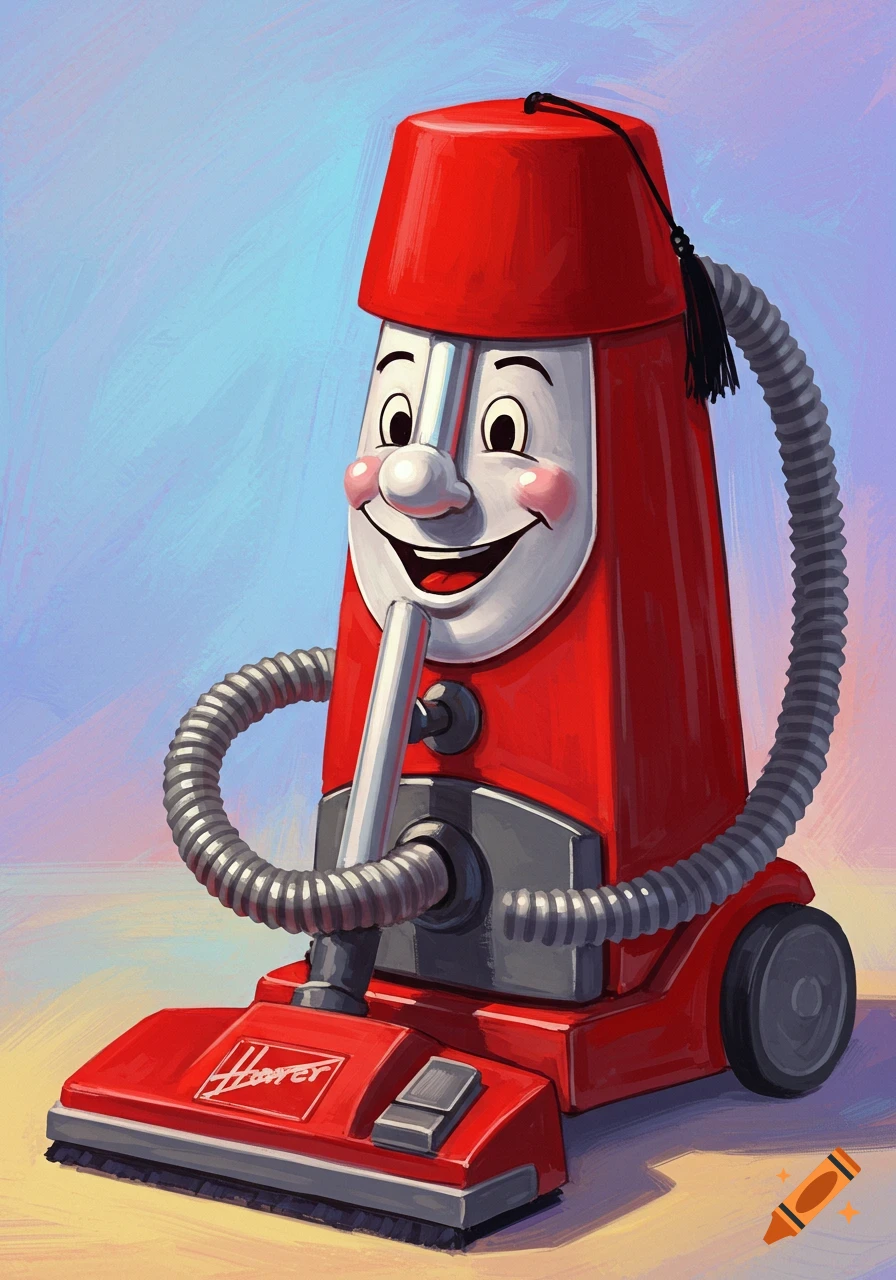 Cartoon character of a red Hoover vacuum cleaner wearing a red fez ...
