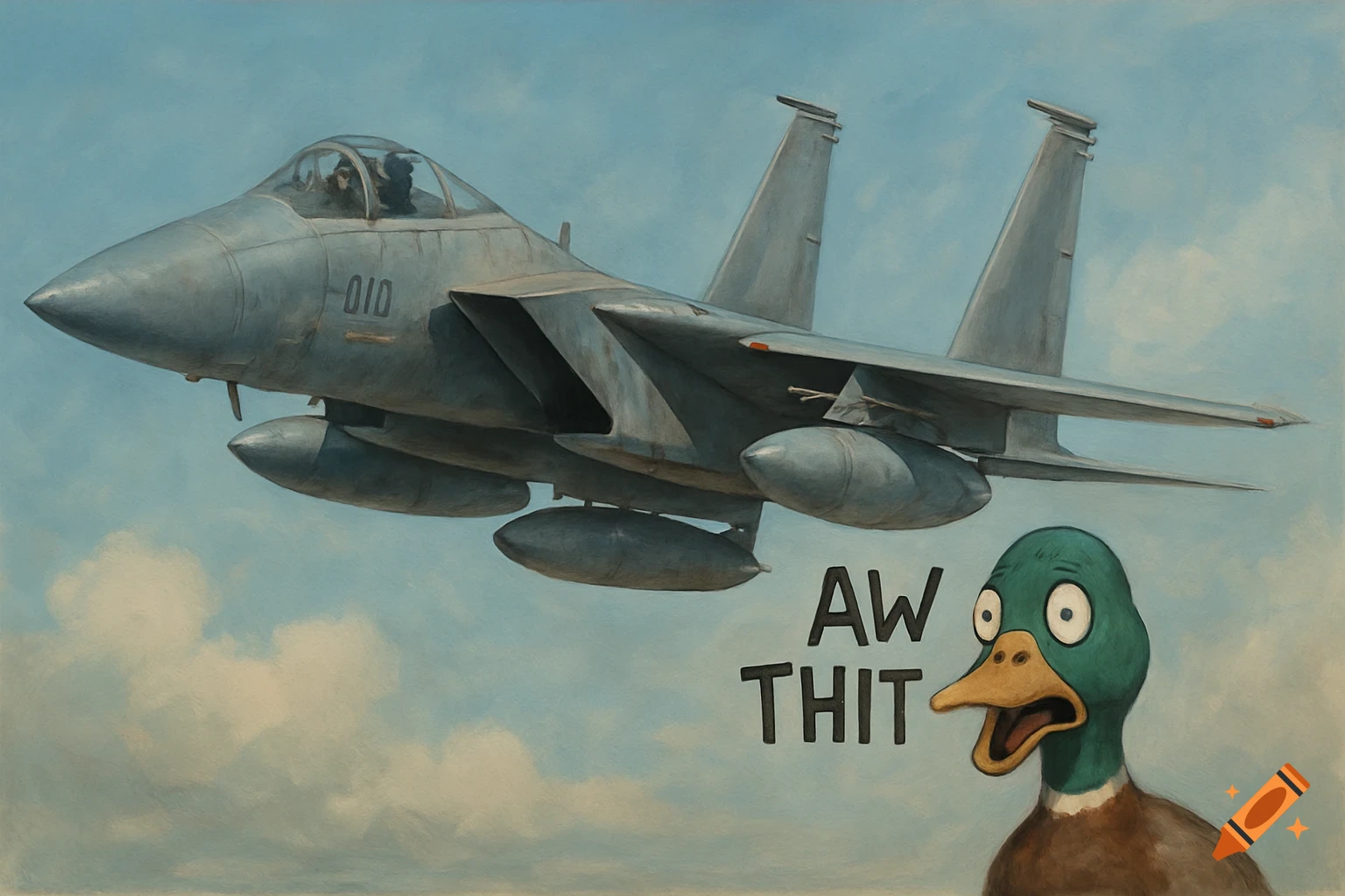 An F-15 fighter jet flies over a cartoon duck saying 'AW THIT' in a ...