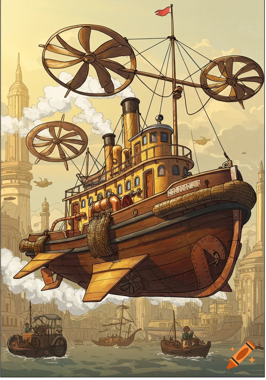 Steampunk flying tugboat over a city waterfront illustration on Craiyon