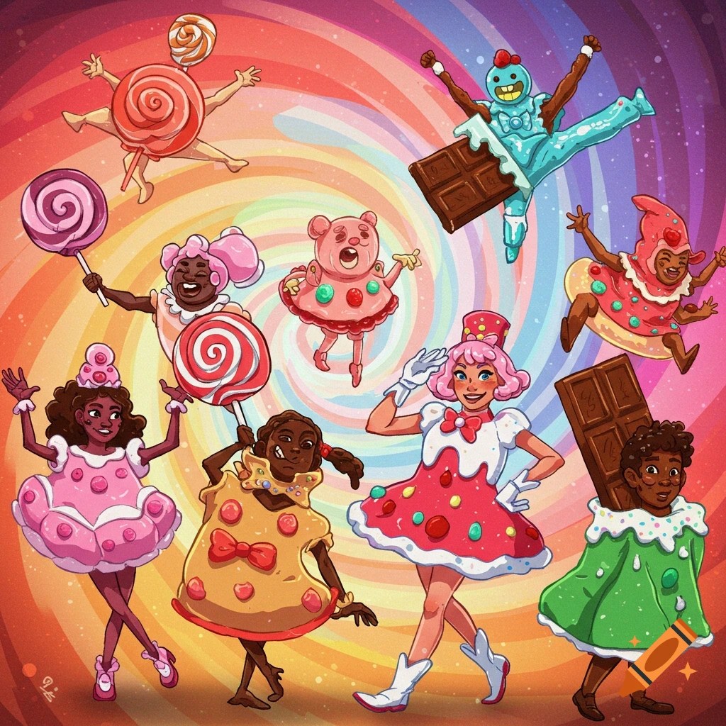 Cartoon characters in candy costumes dancing against a colorful ...