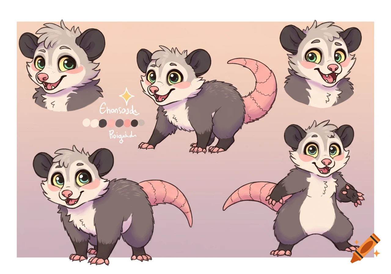 Cartoon reference sheet of a cute gray and white opossum character with ...
