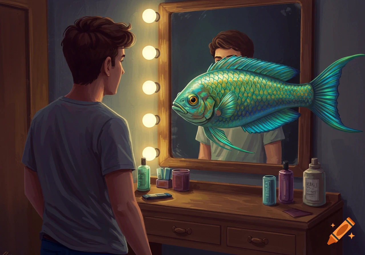 Painterly illustration of a man looking in a mirror, seeing a fish ...