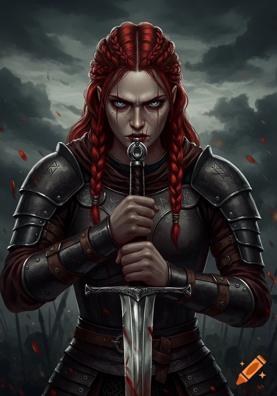 A fierce female warrior with braided red hair in dark armor holds a bloody sword against a ...