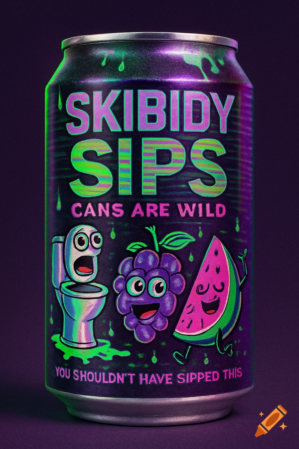 A can labeled 'SKIBIDY SIPS' with cartoon characters of a toilet, grape ...