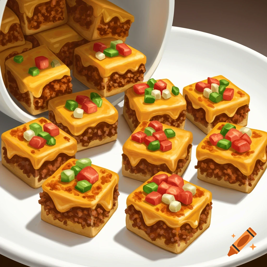 Bite-sized food squares topped with cheese and vegetables on a plate ...