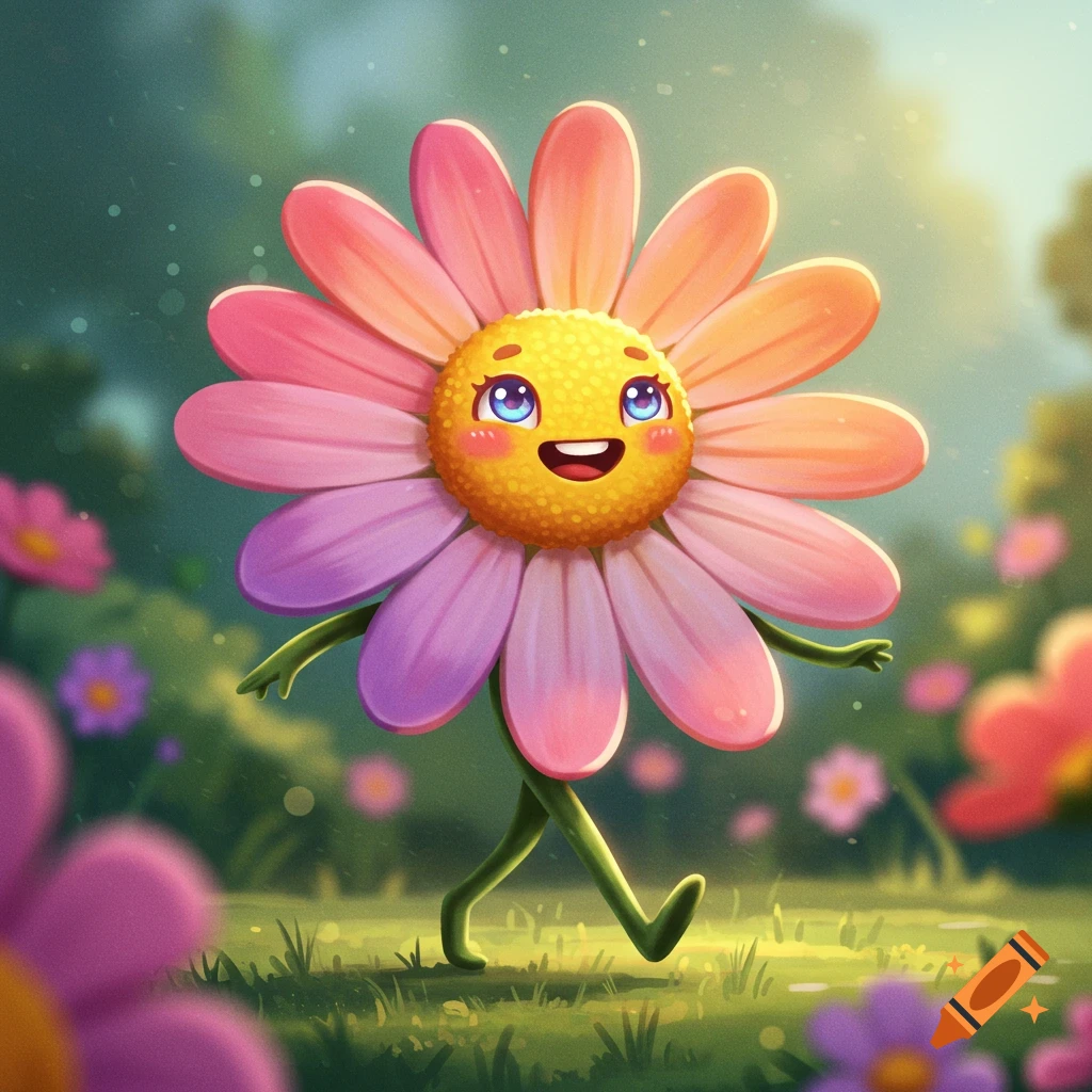 Cartoon flower character with a smiling face walking in a sunny field ...