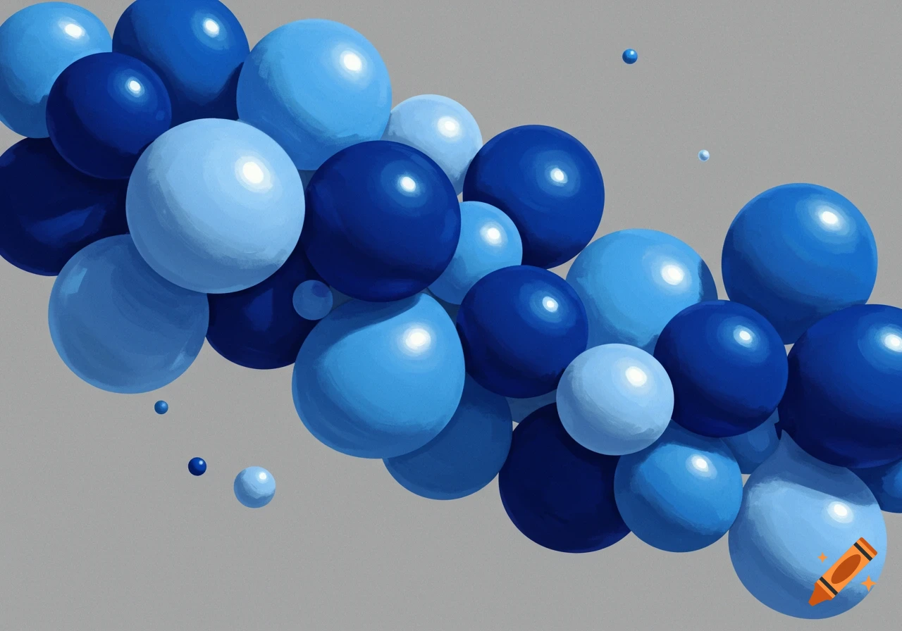 An organic cluster of blue spheres or balloons against a grey ...