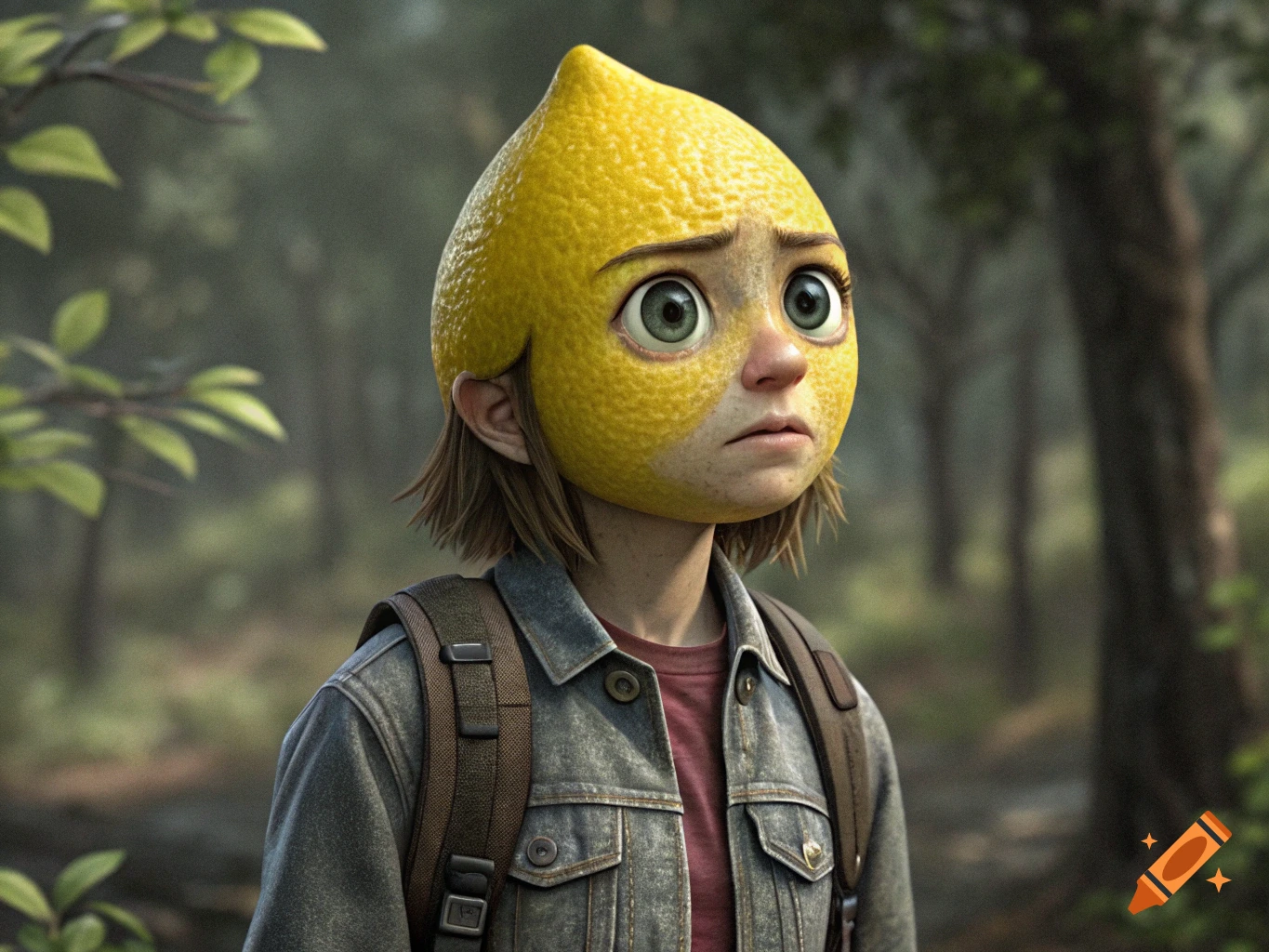 Person with a realistic lemon head, backpack, and denim jacket standing ...