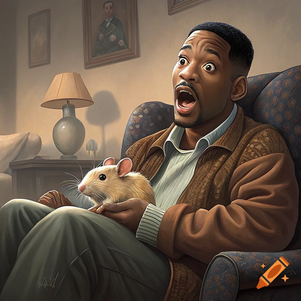 Will Smith looks shocked while holding a gerbil on his lap. on Craiyon