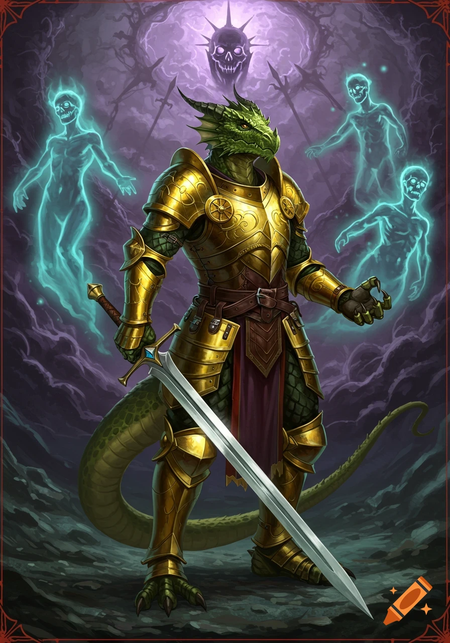 Dragon Paladin in golden armor holding a sword, surrounded by glowing ...