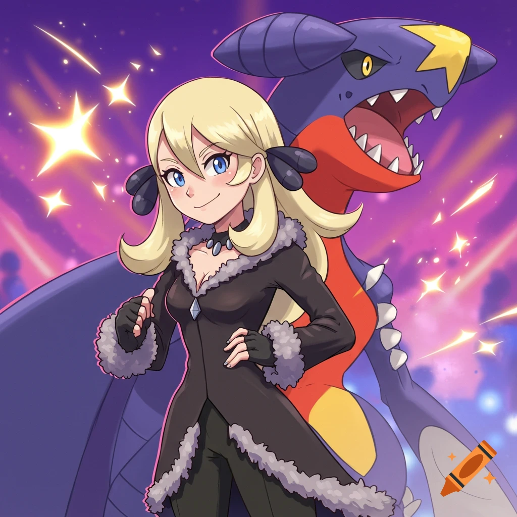 Cynthia and Garchomp stand together in an anime style with sparkling ...