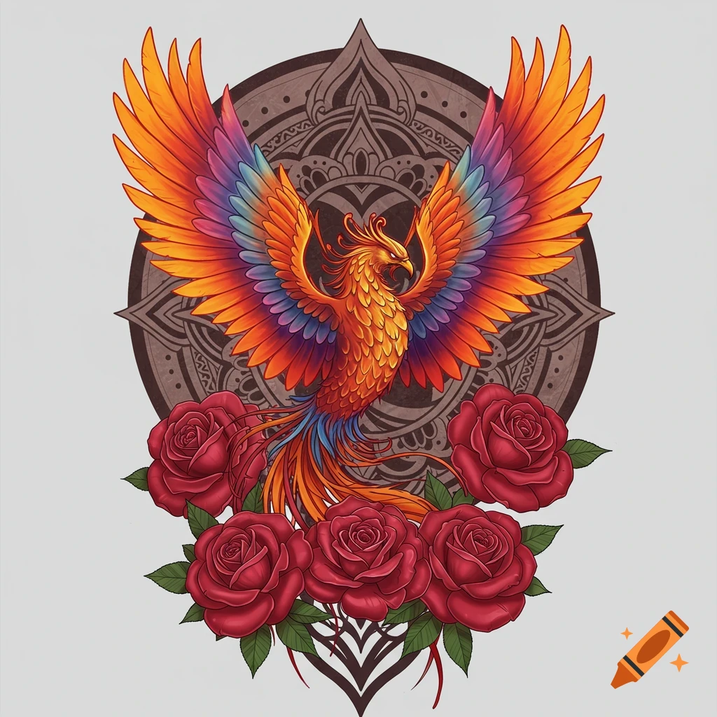 Illustrative tattoo design of a vibrant phoenix with red roses and a ...