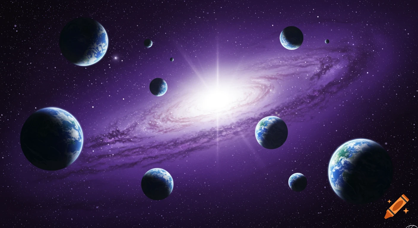 A purple galaxy with several Earth-like planets in space. on Craiyon