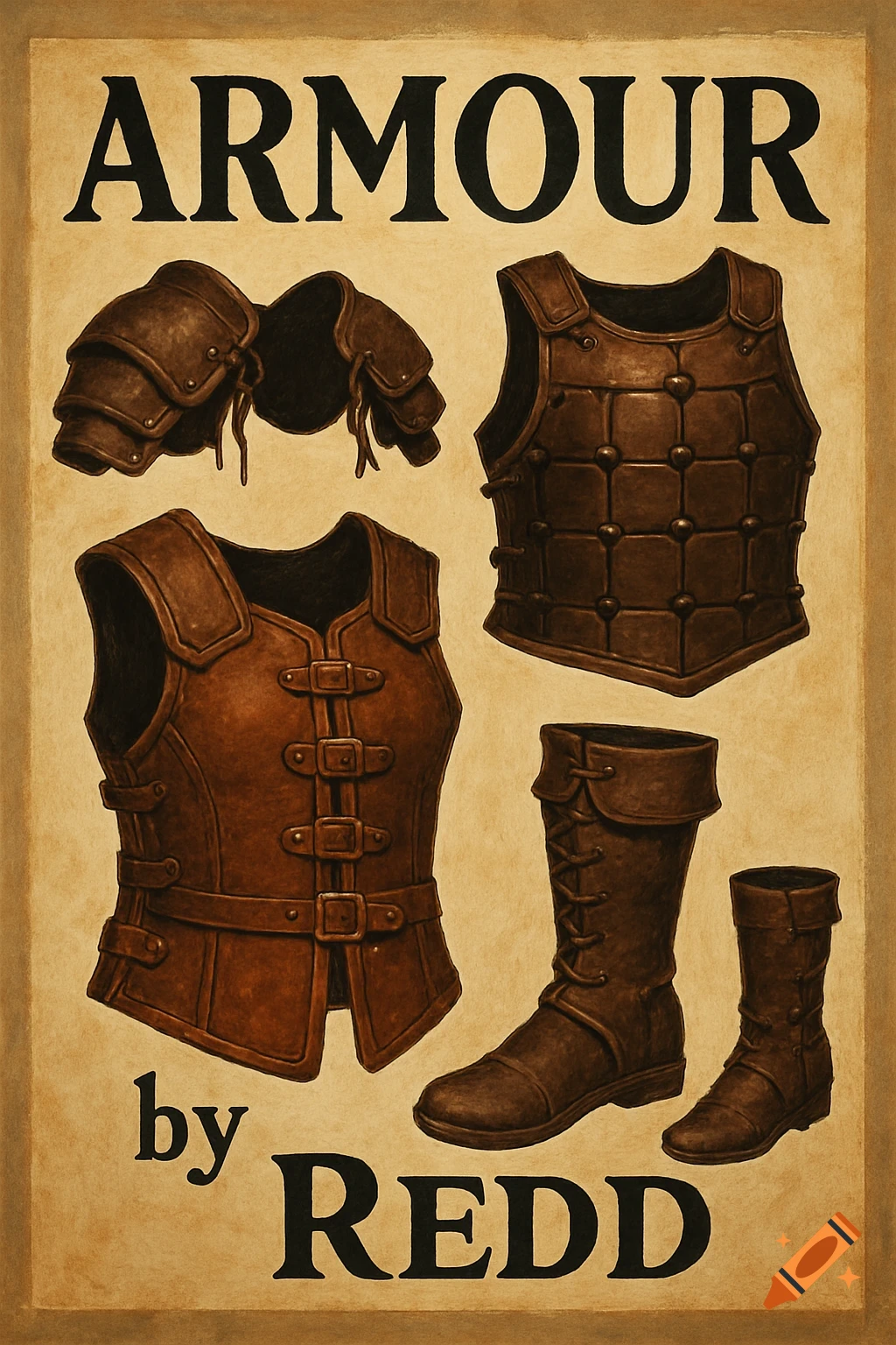 Poster advertisement showing leather armor pieces and boots with the text "Armour by Redd". on ...