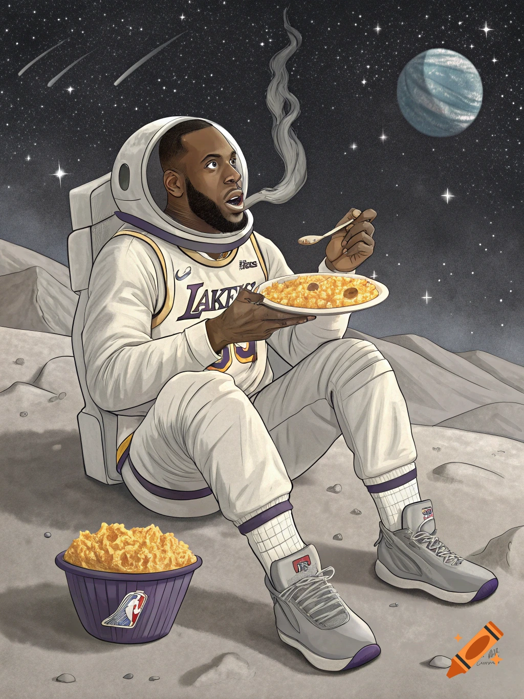 Illustration of LeBron James in a space suit eating mac and cheese on ...