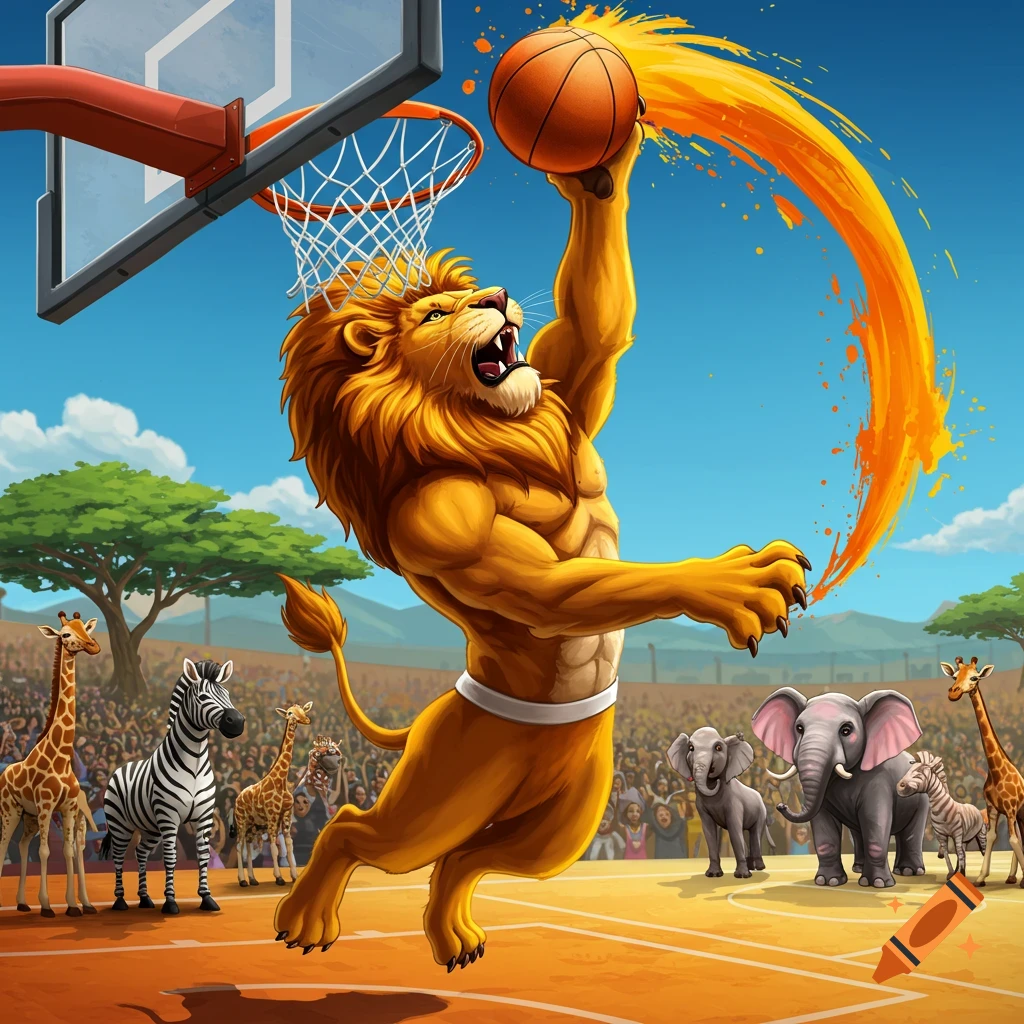 Cartoon lion dunks a basketball in a game watched by other safari ...