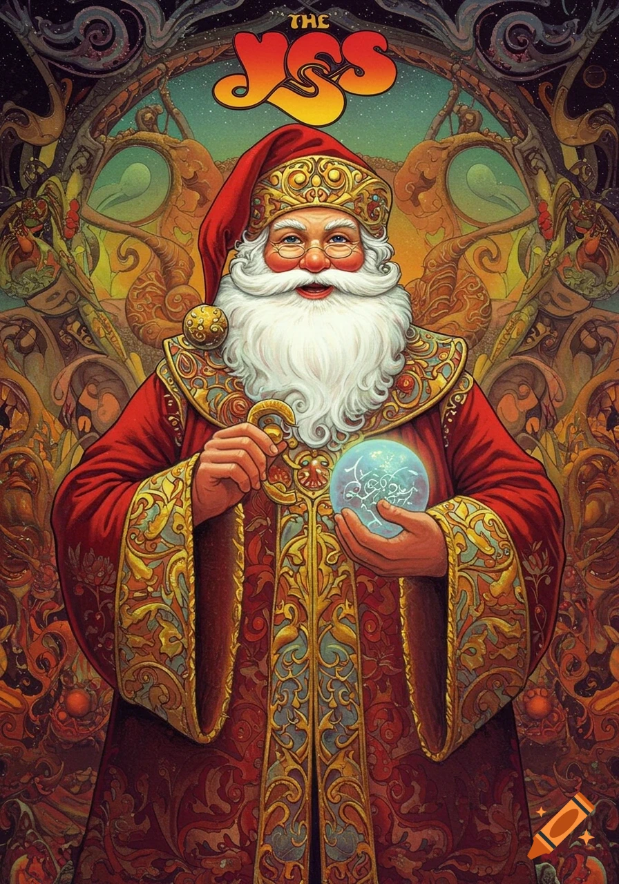 Psychedelic art Santa Claus with the YES logo holding an orb. on Craiyon