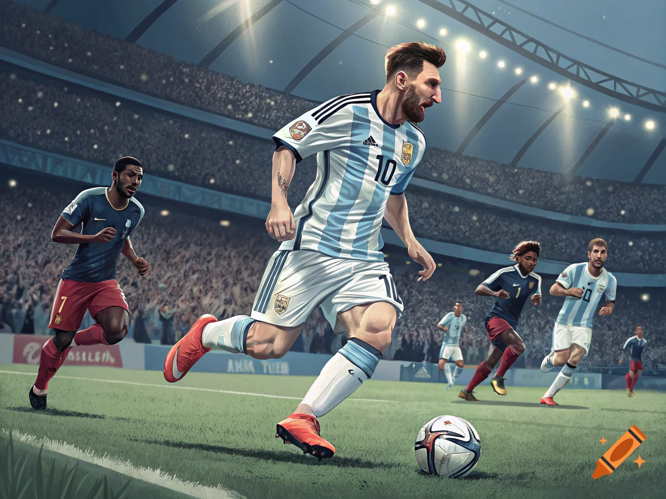 Lionel Messi in an Argentina soccer kit dribbling a ball on a field ...