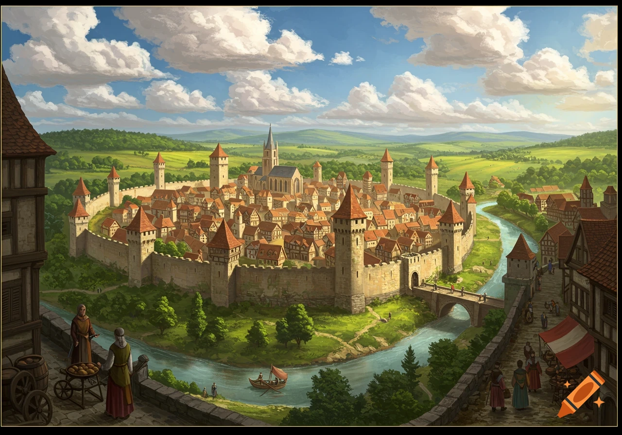 Detailed illustration of a fortified medieval town on a river bank ...