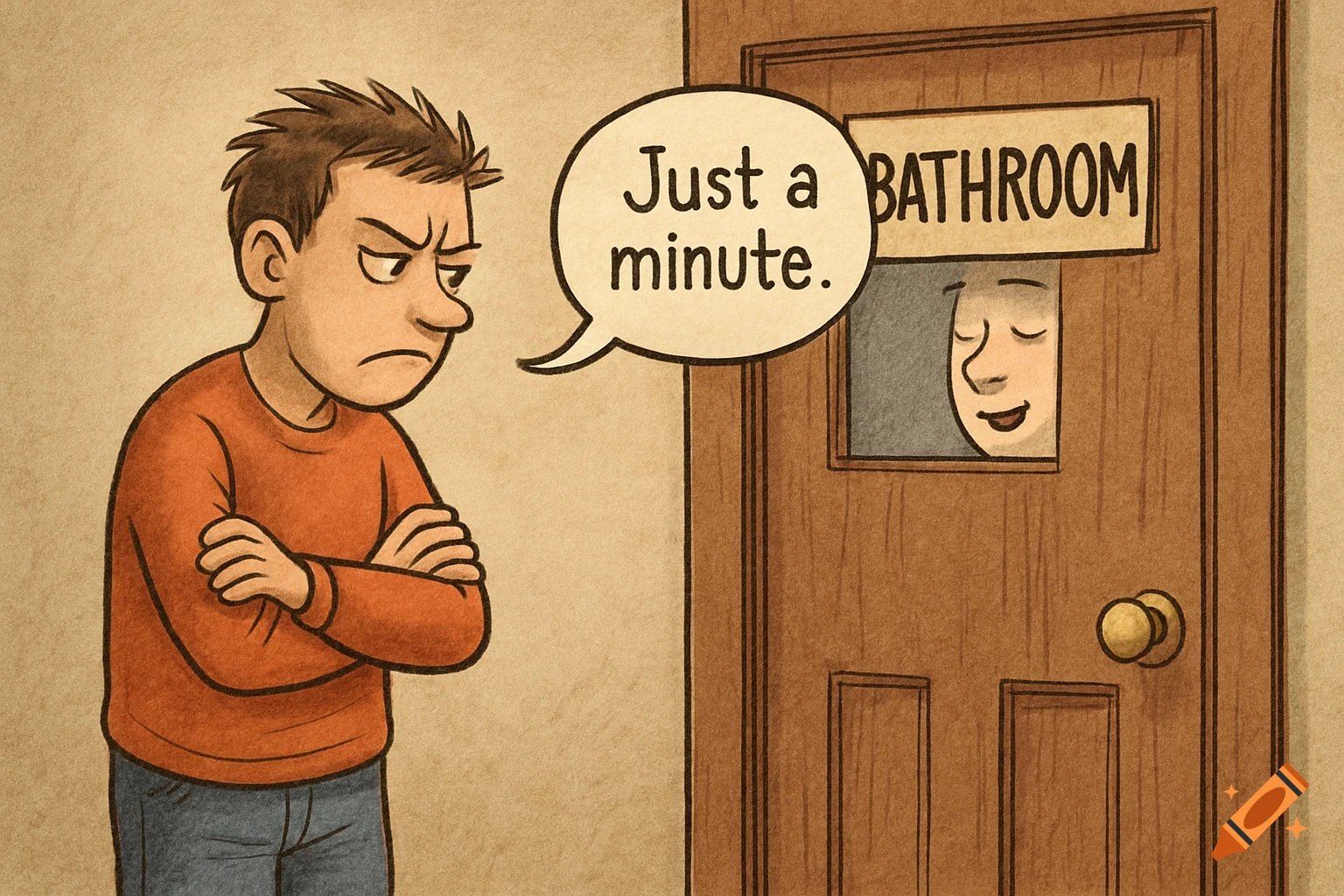 Cartoon illustration of an impatient man waiting outside a bathroom ...