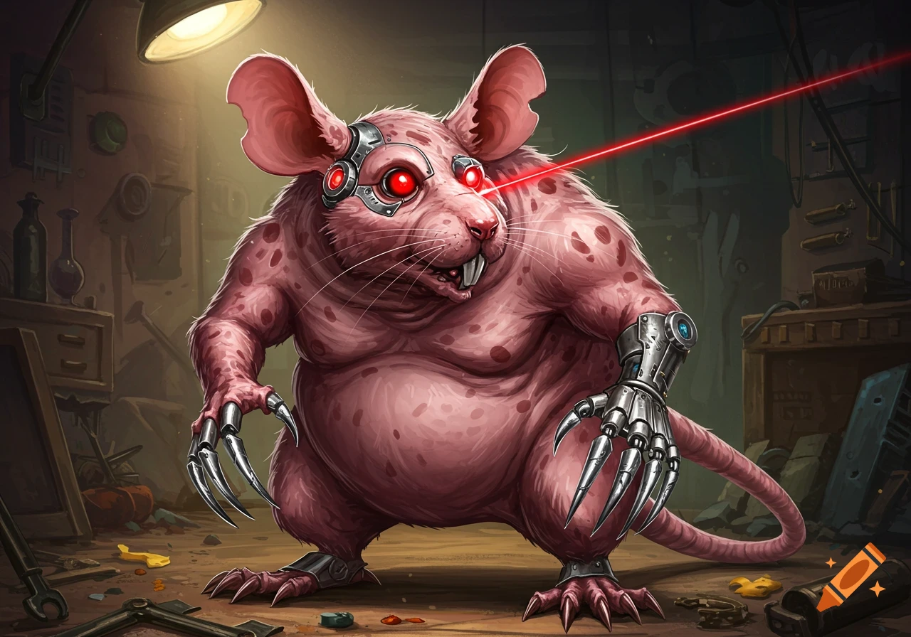 A fat cyborg rat with glowing red laser eyes and metal talons stands in ...