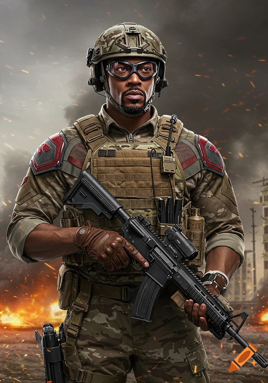 A man in a military uniform, helmet, and tactical gear holds a rifle in ...