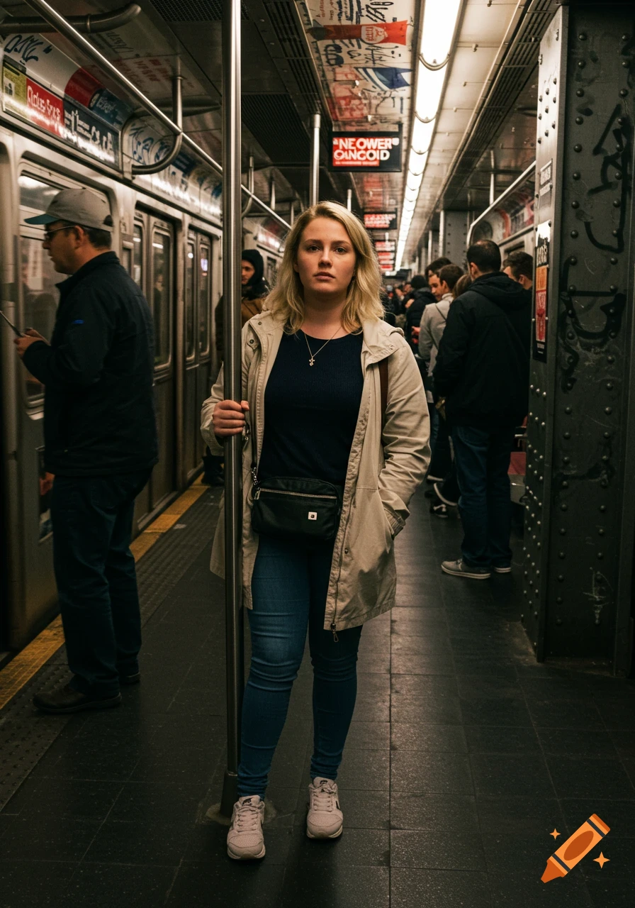 A woman stands in a crowded subway car holding a pole, looking towards ...