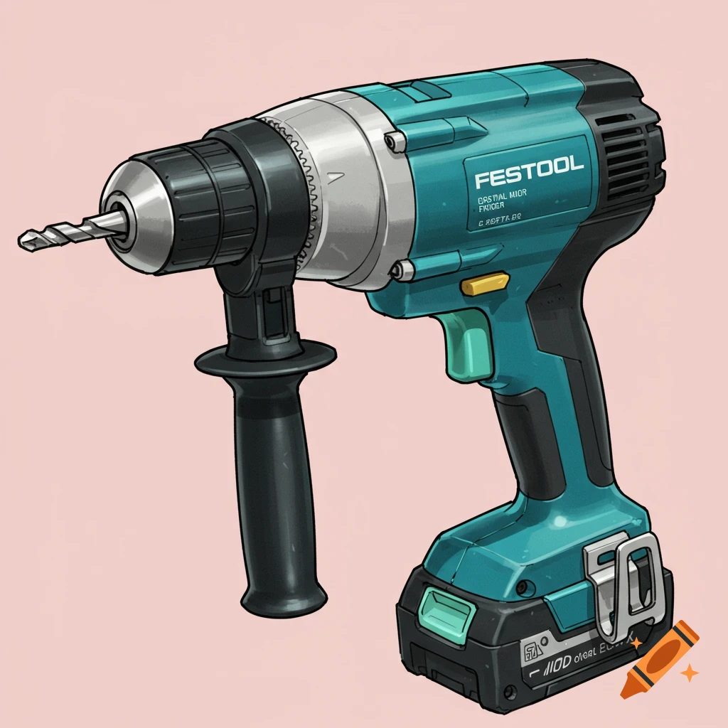 A teal and gray cordless drill in a clean digital illustration style ...