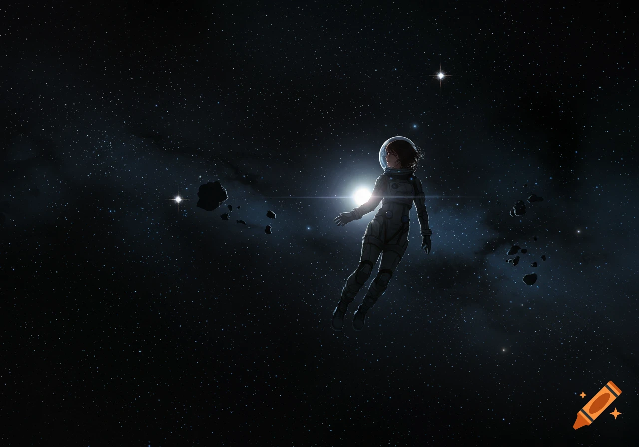 An astronaut floats in space surrounded by stars and asteroids. on Craiyon
