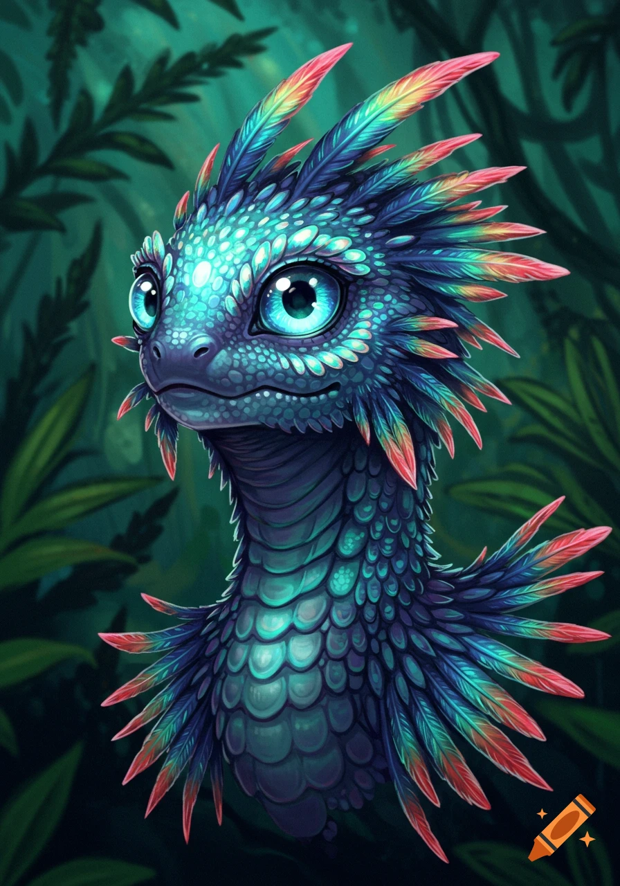 Close-up of a cute feathered creature with large blue eyes in a forest ...