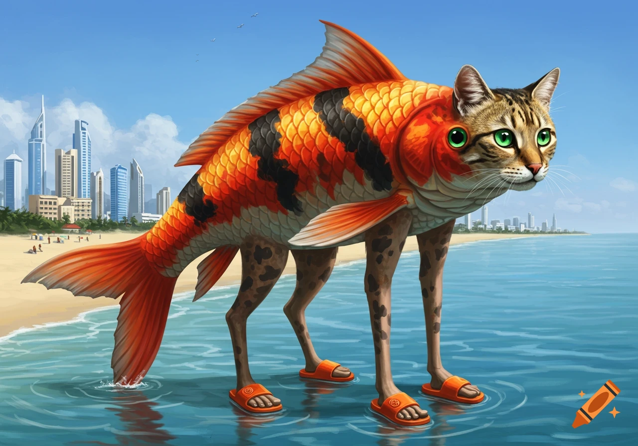 A surreal creature with a koi fish body and cat head stands on human ...