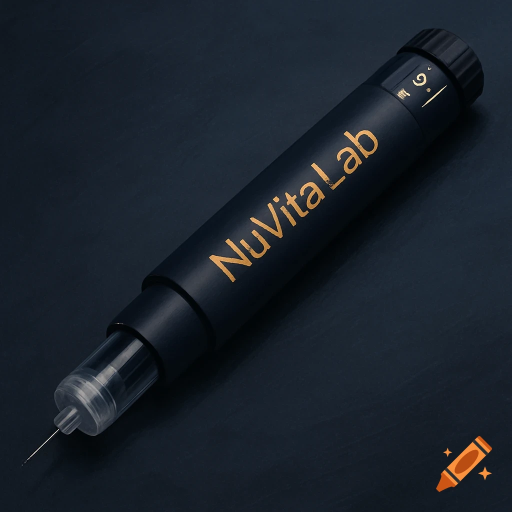 A close-up photograph of a dark blue injection pen with gold writing ...