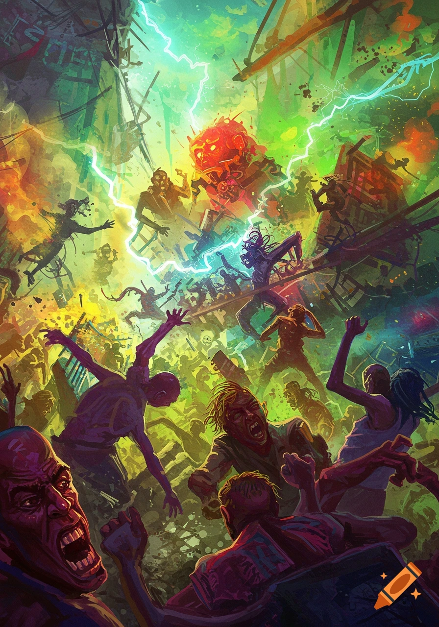 Chaotic illustration of screaming figures and monsters in ruins ...