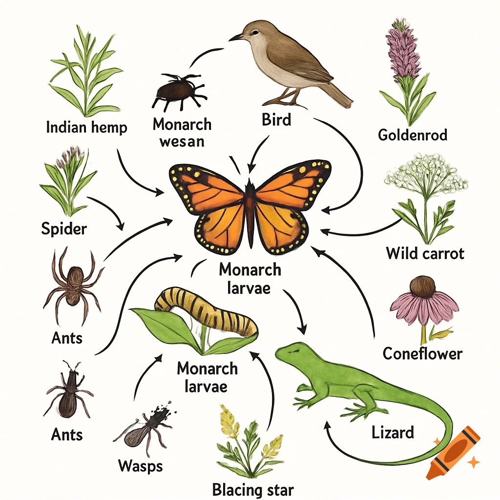 Illustration of a monarch butterfly food web showing plants, insects ...