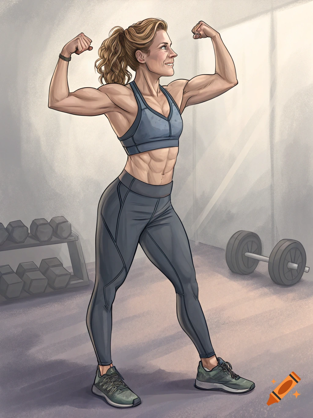 Detailed illustration of a muscular woman flexing her biceps in a gym. on Craiyon