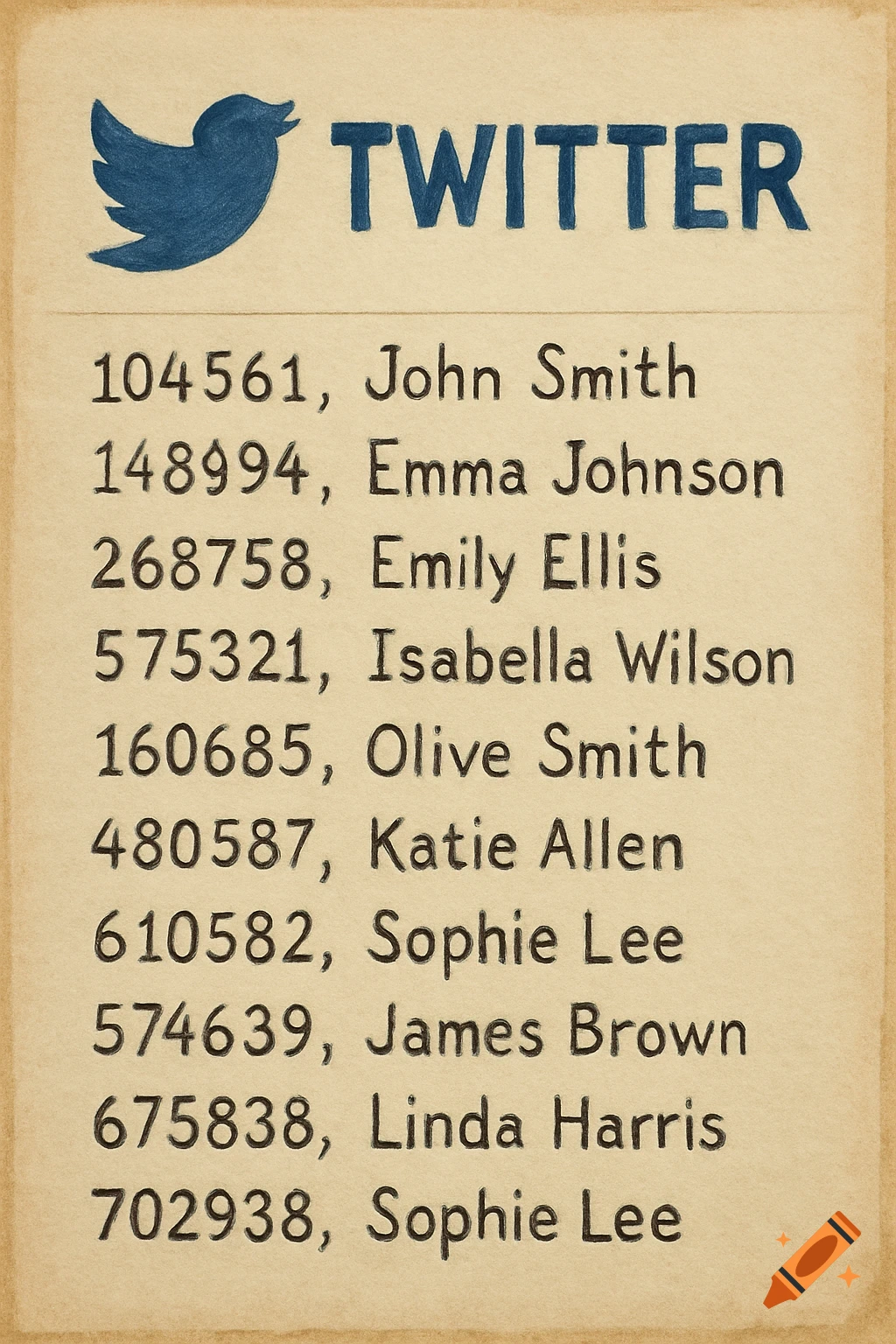 Twitter logo and a list of numbers and names on Craiyon