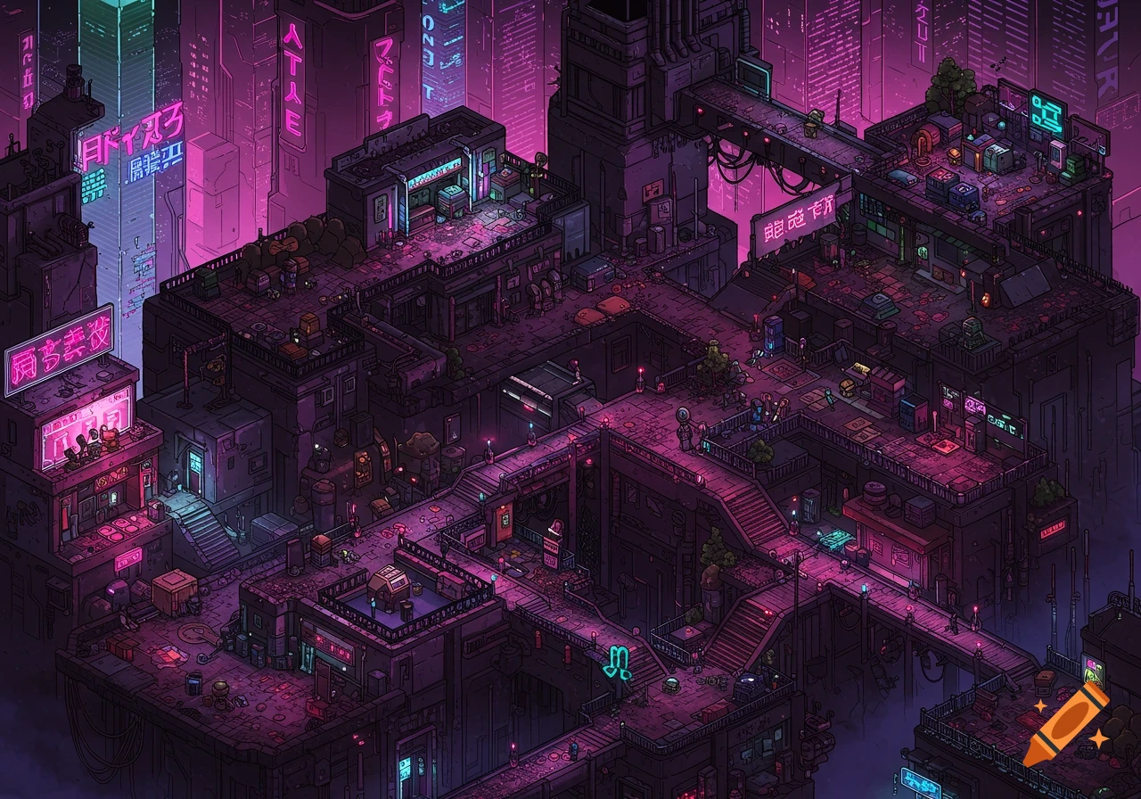 Isometric view of a cyberpunk city map with multi-level buildings, platforms, stairs, and neon ...